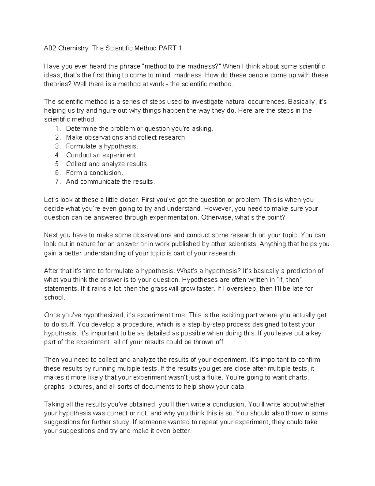 A02 The Scientific Method PART 1 - A02 Chemistry: The Scientific Method ...