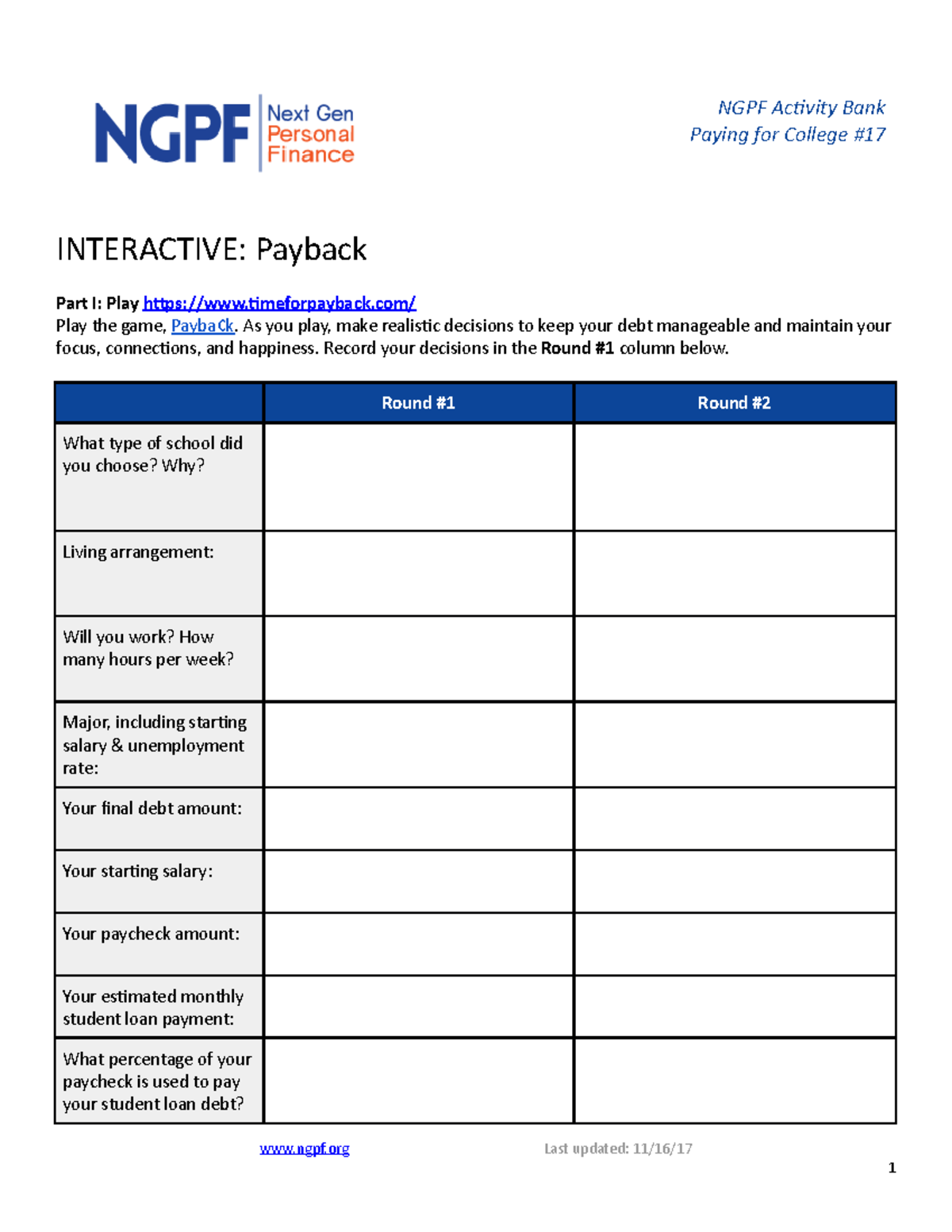 Payback Activity Worksheet - NGPF Activity Bank Paying for College INTERACTIVE: Payback Part I ...