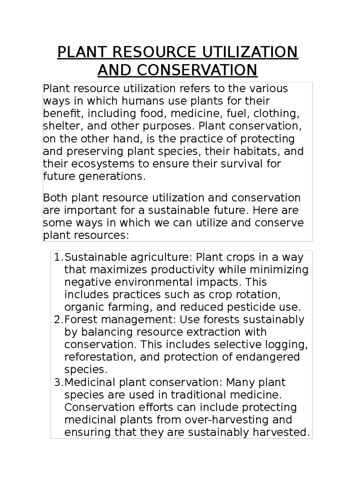 Plant Resource Utilization AND Conservation - PLANT RESOURCE ...