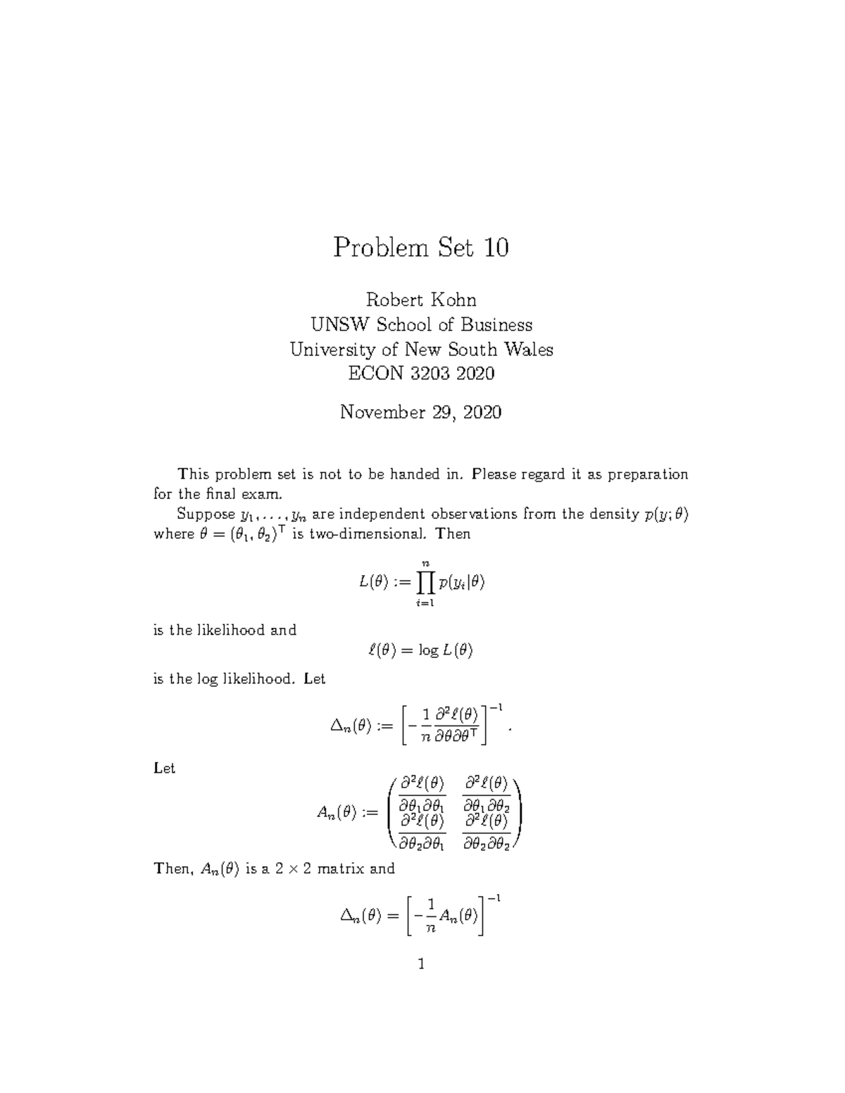 Problem set 10 - Problem Set 10 Robert Kohn UNSW School of Business ...