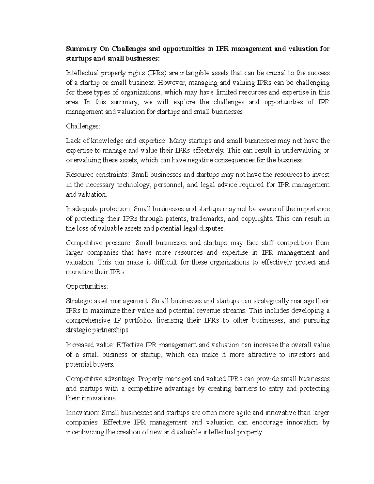 Summary On Challenges and opportunities in IPR management and valuation ...