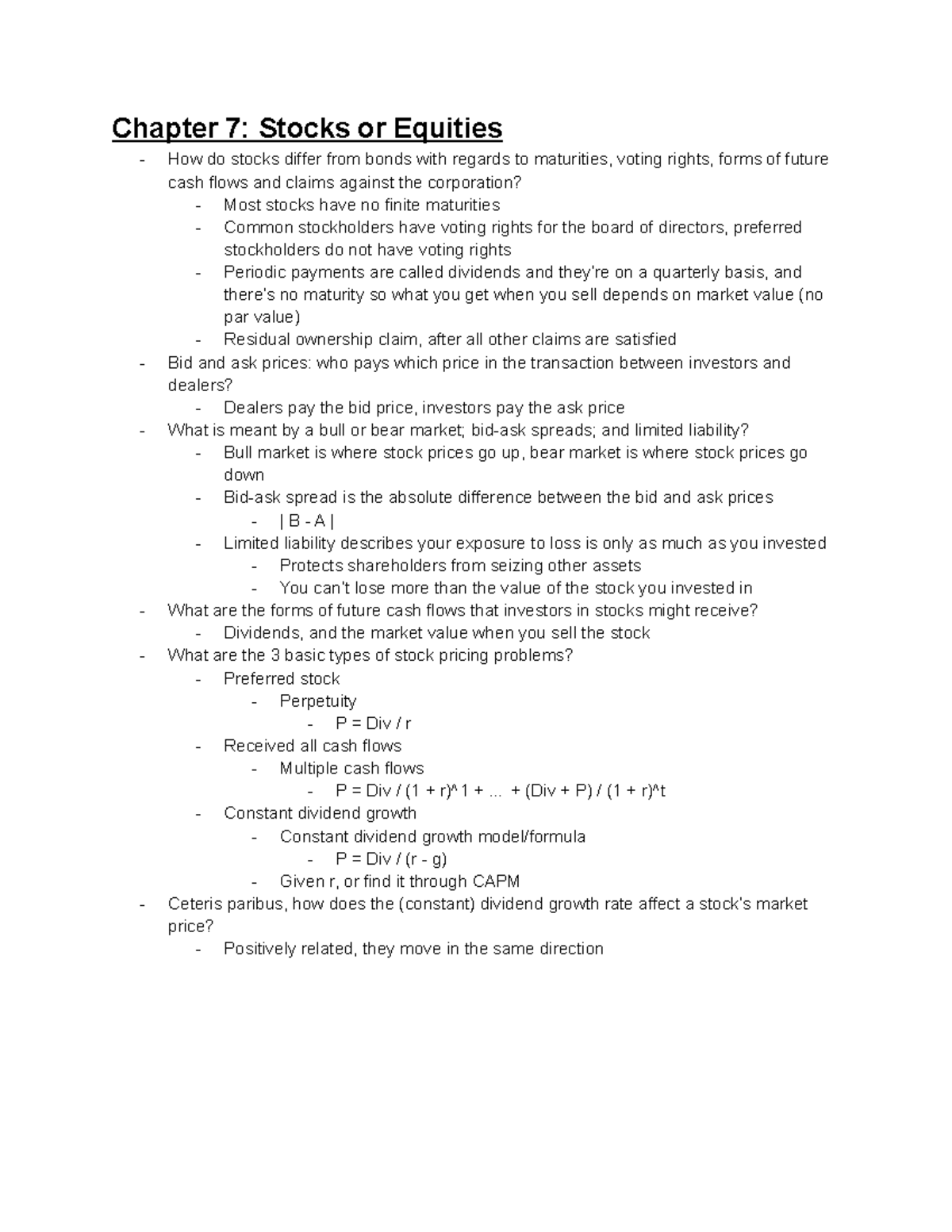 Chapter 7 Stocks or Equities - Chapter 7: Stocks or Equities How do ...