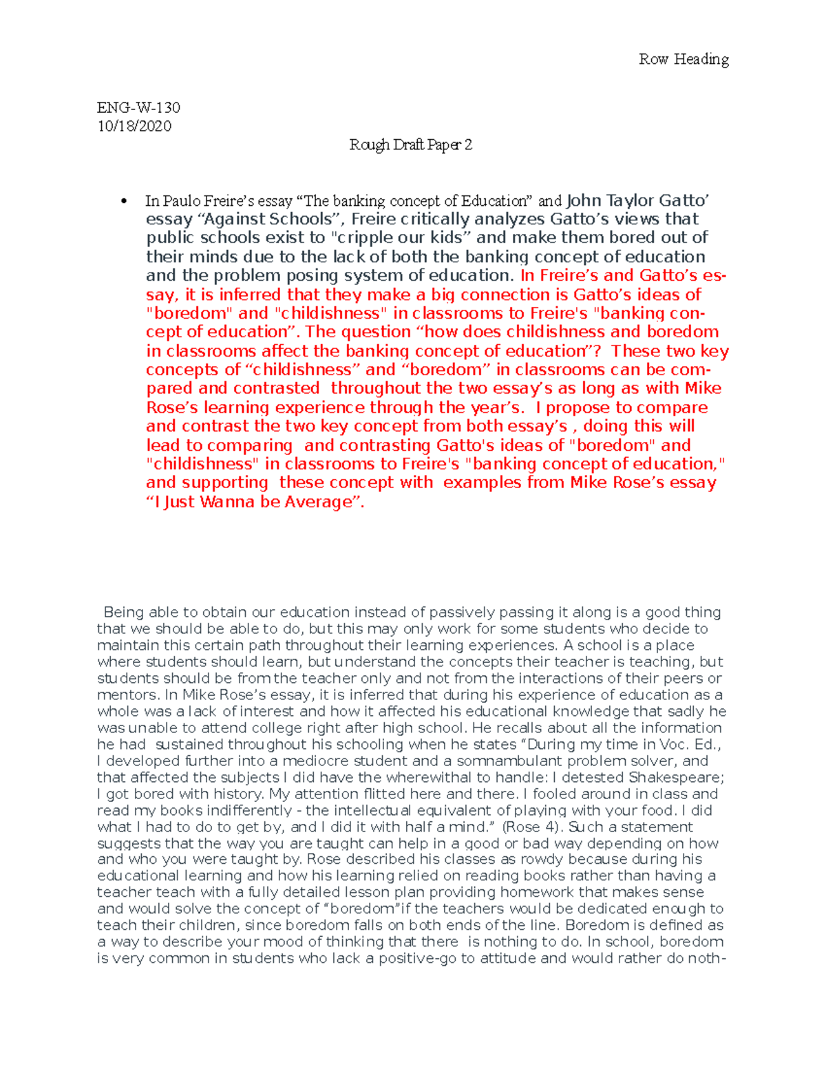 Row Heading Rough Draft Paper 2 In Paulo essay banking concept of and ...