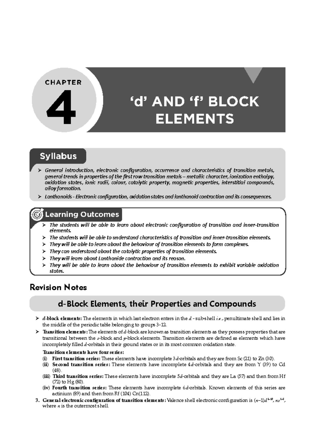 4. d and f Block Elements - Syllabus ####### Learning Outcomes Revision ...