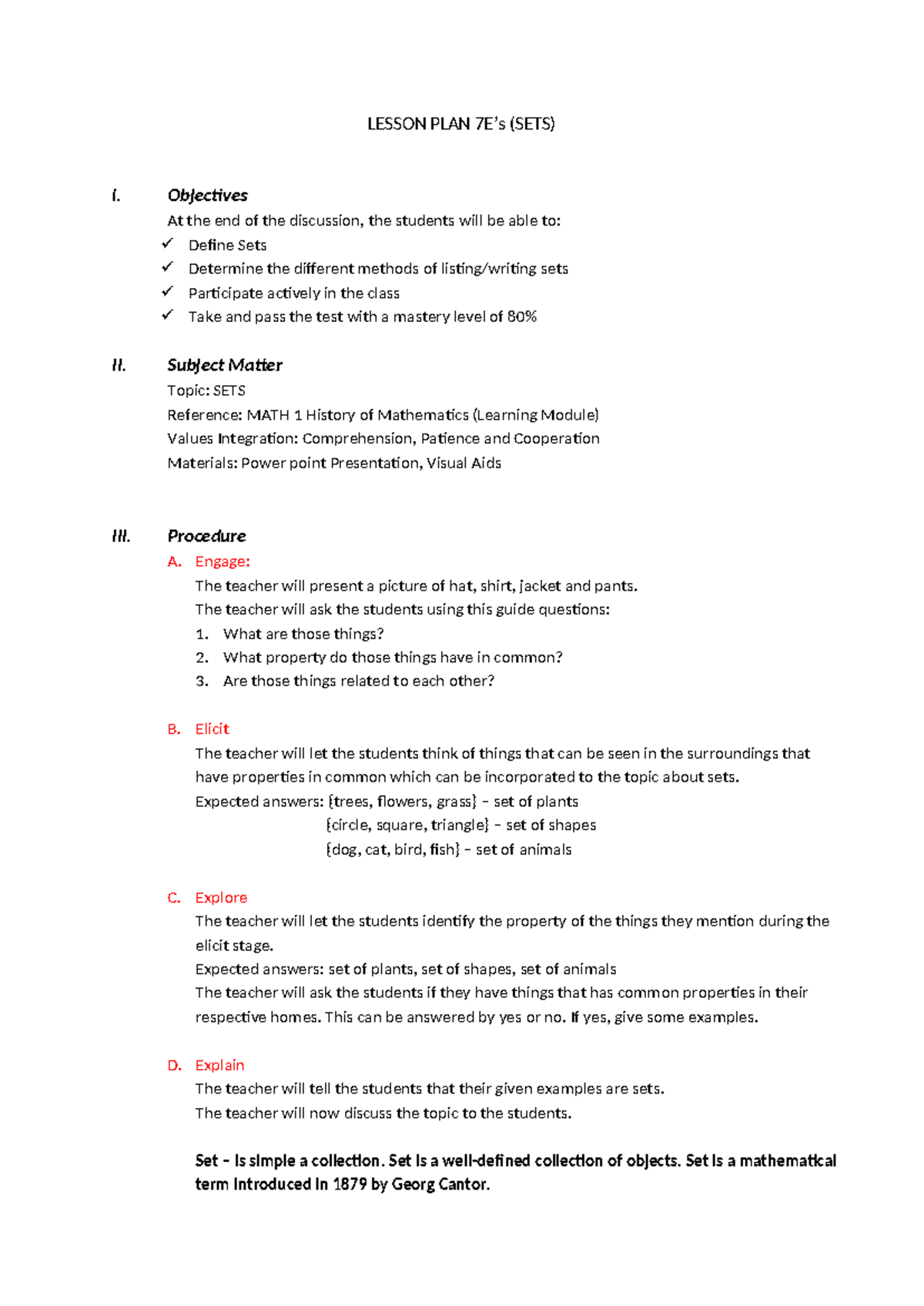 Lesson PLAN 7Es SETS - LESSON PLAN 7E’s (SETS) I. Objectives At the end ...