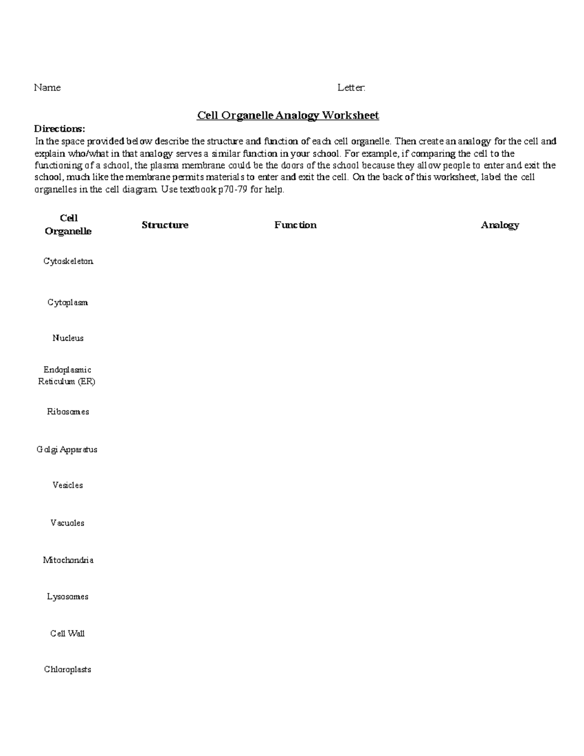 Cell analogy activity - Name Letter: Directions: Cell Organelle Analogy ...