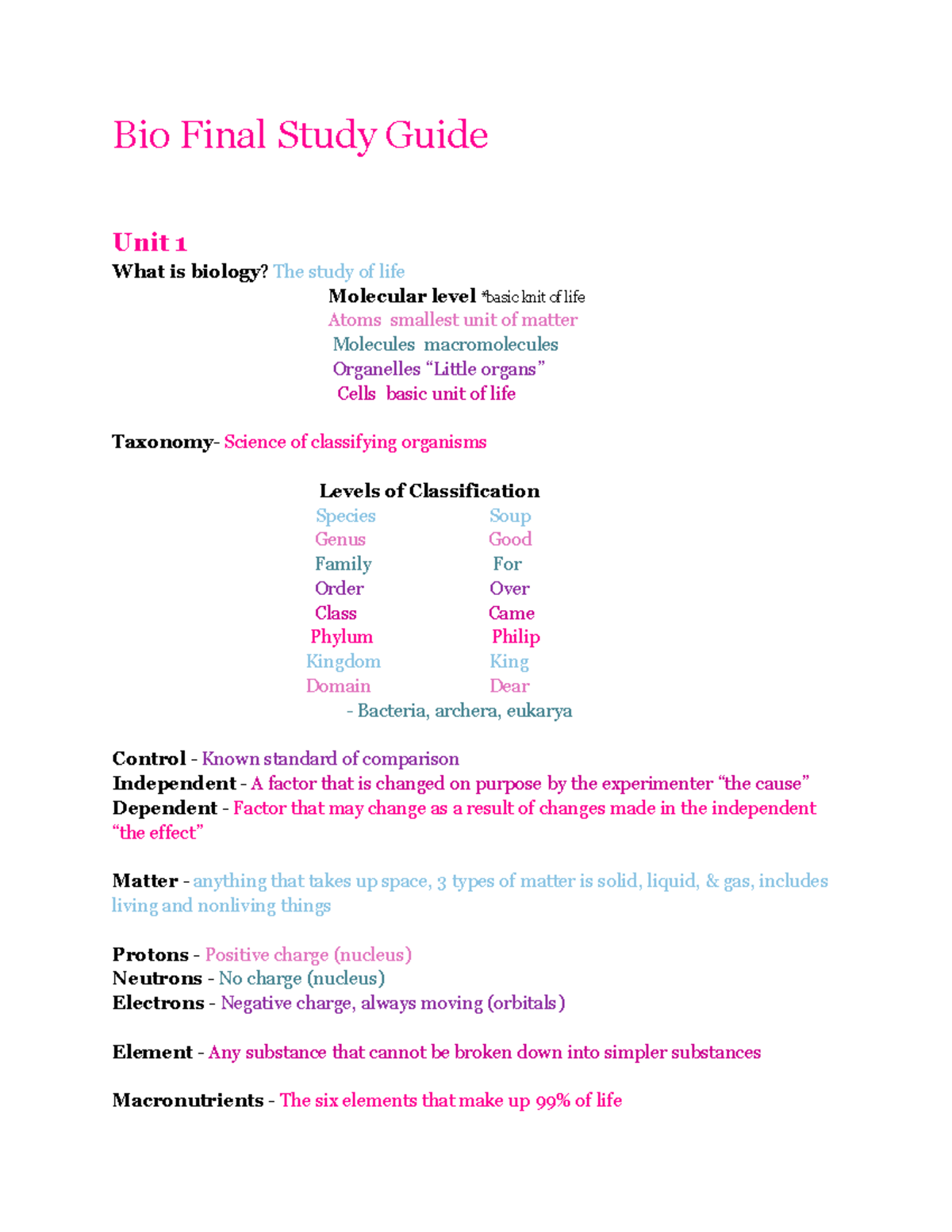 Bio 1 Final Notes - Bio Final Study Guide Unit 1 What is biology ?The ...
