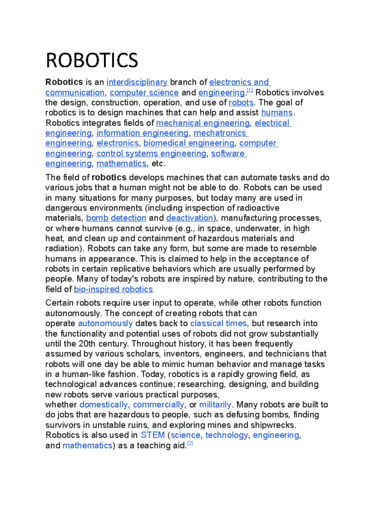 Robotics - ROBOTICS Robotics is an interdisciplinary branch of electronics and communication ...