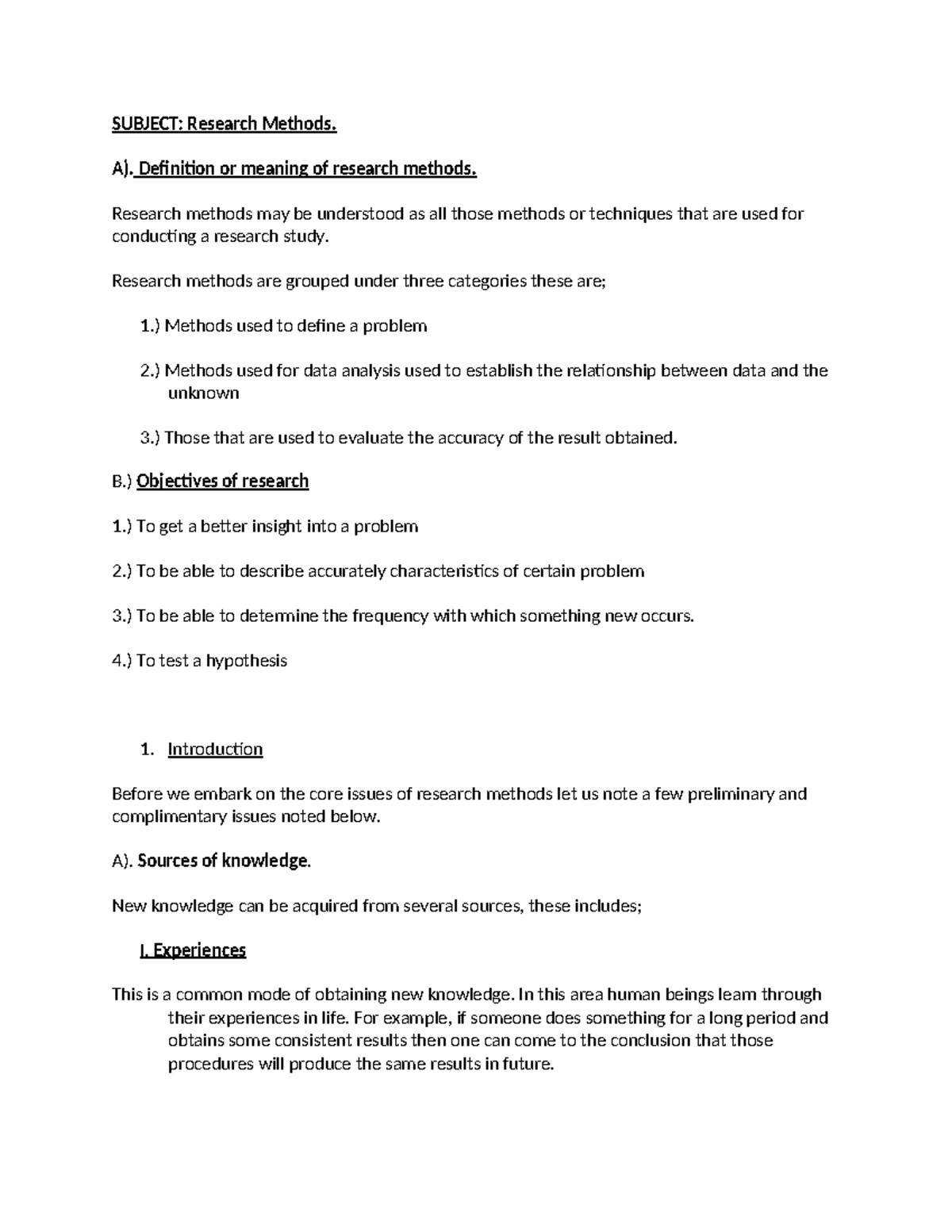 Research Methods Lecture 1 - SUBJECT: Research Methods. A). Definition or meaning of research ...
