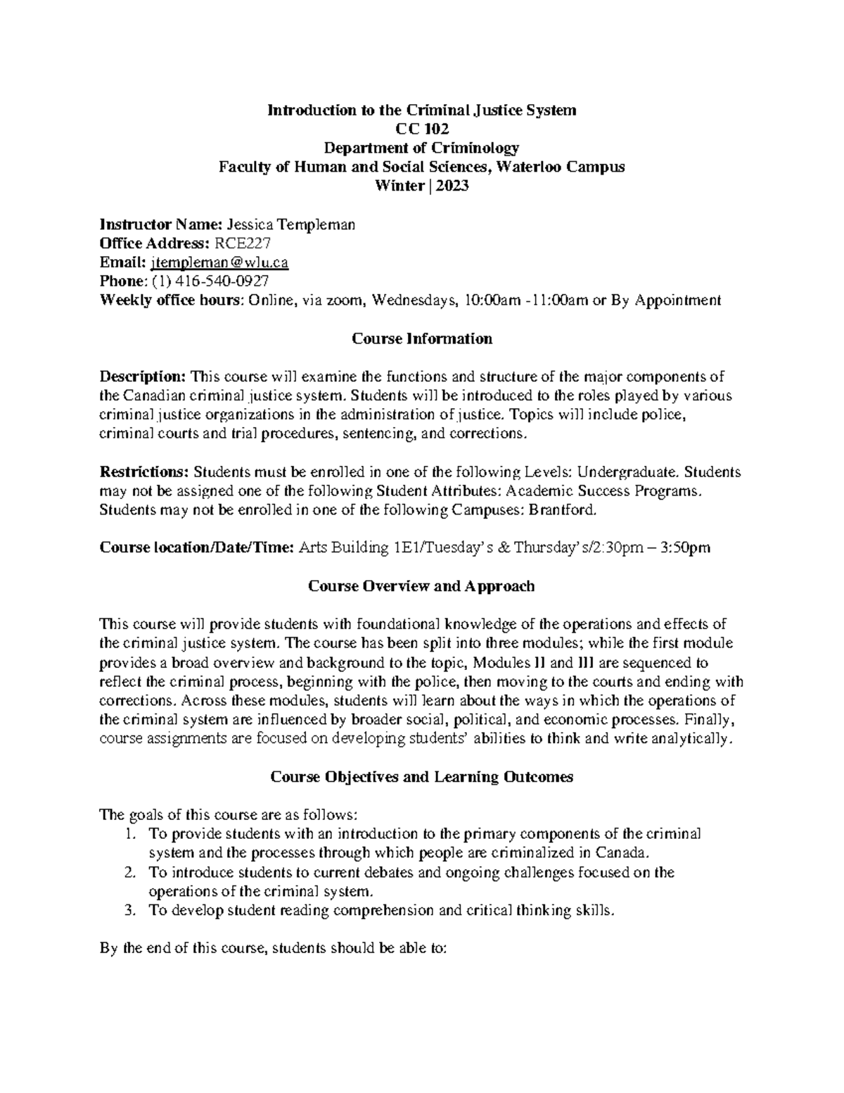 Syllabus - Introduction to the Criminal Justice System CC 102 ...