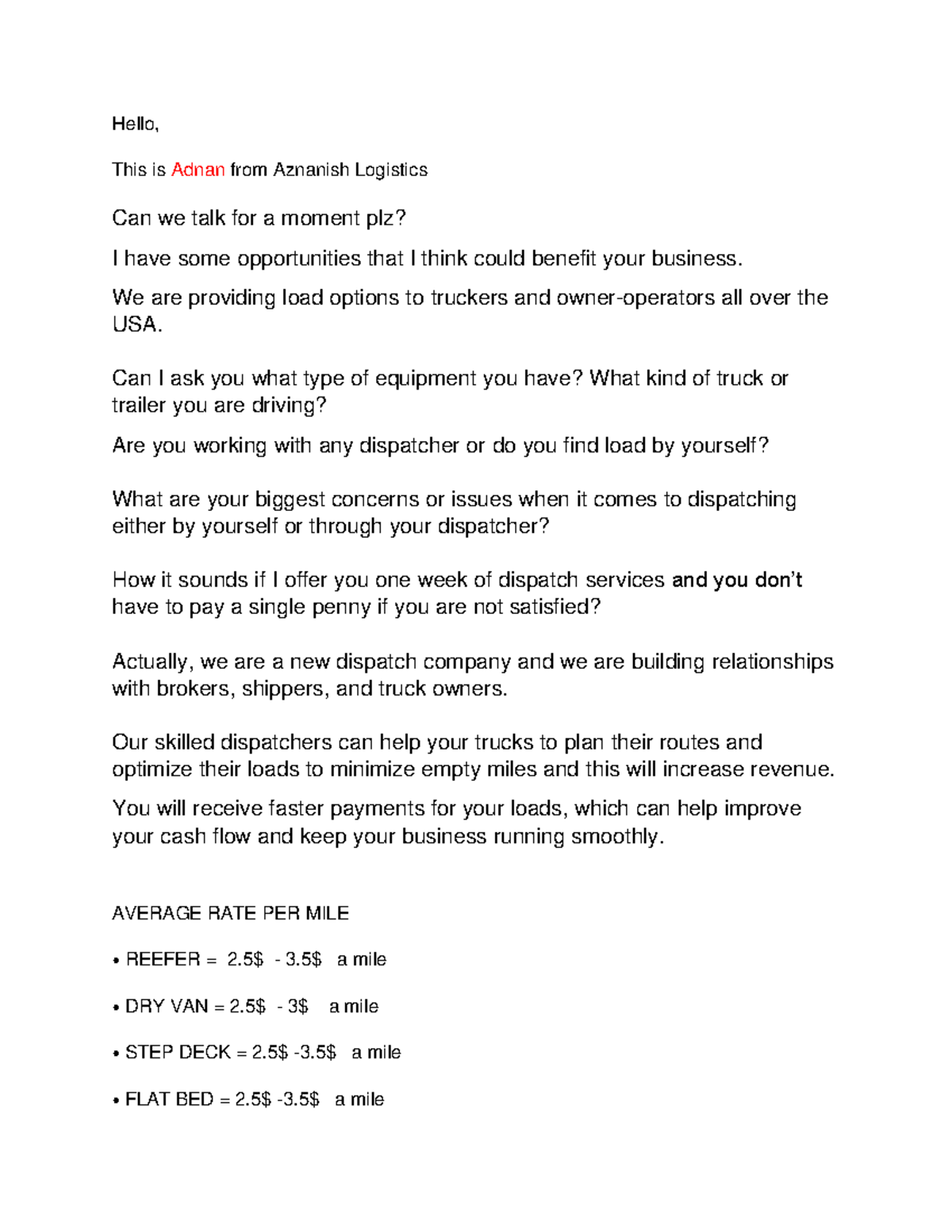 trucking calling script - Hello, This is Adnan from Aznanish Logistics ...