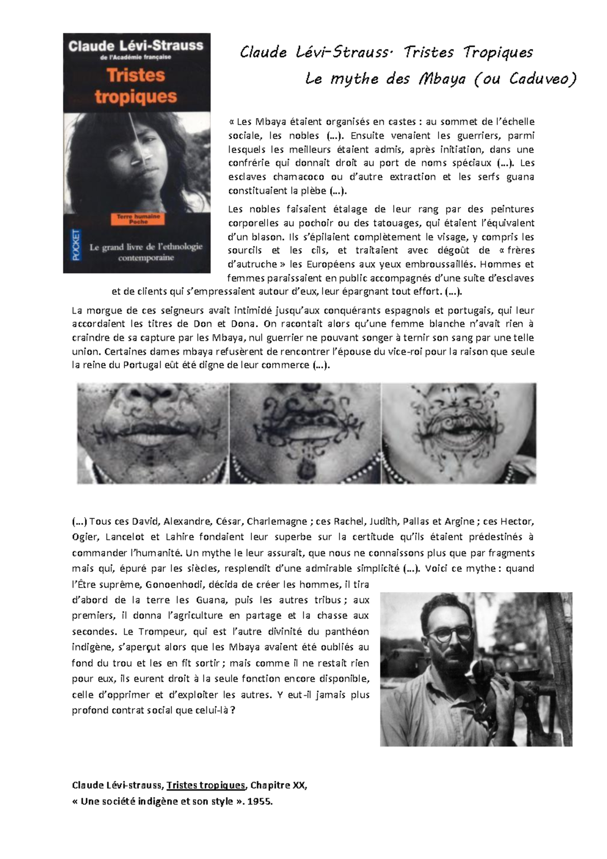 T lévi strauss mythe mbaya ou caduveo - Claude Lévi-Strauss. Tristes ...