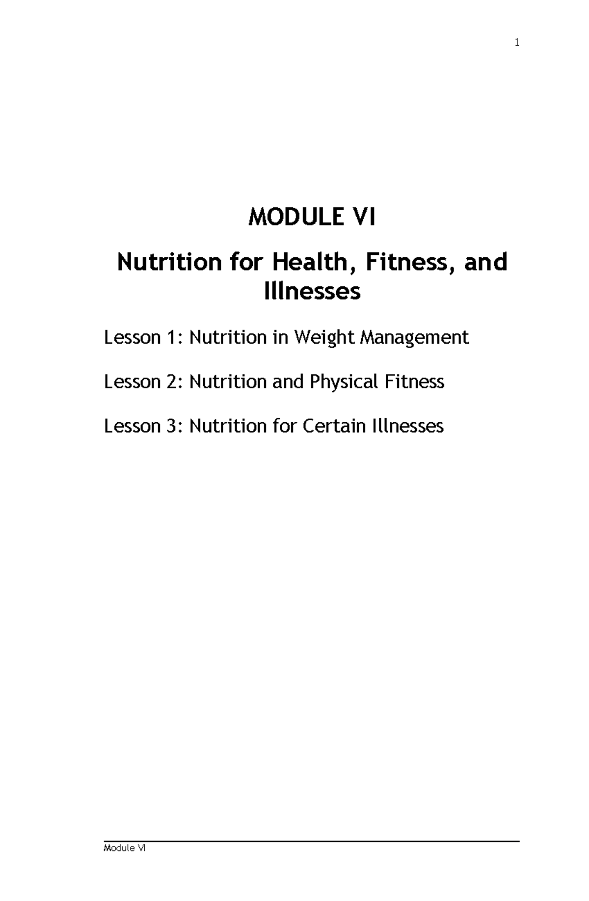 Module-VI - Module-VI - MODULE VI Nutrition for Health, Fitness, and ...