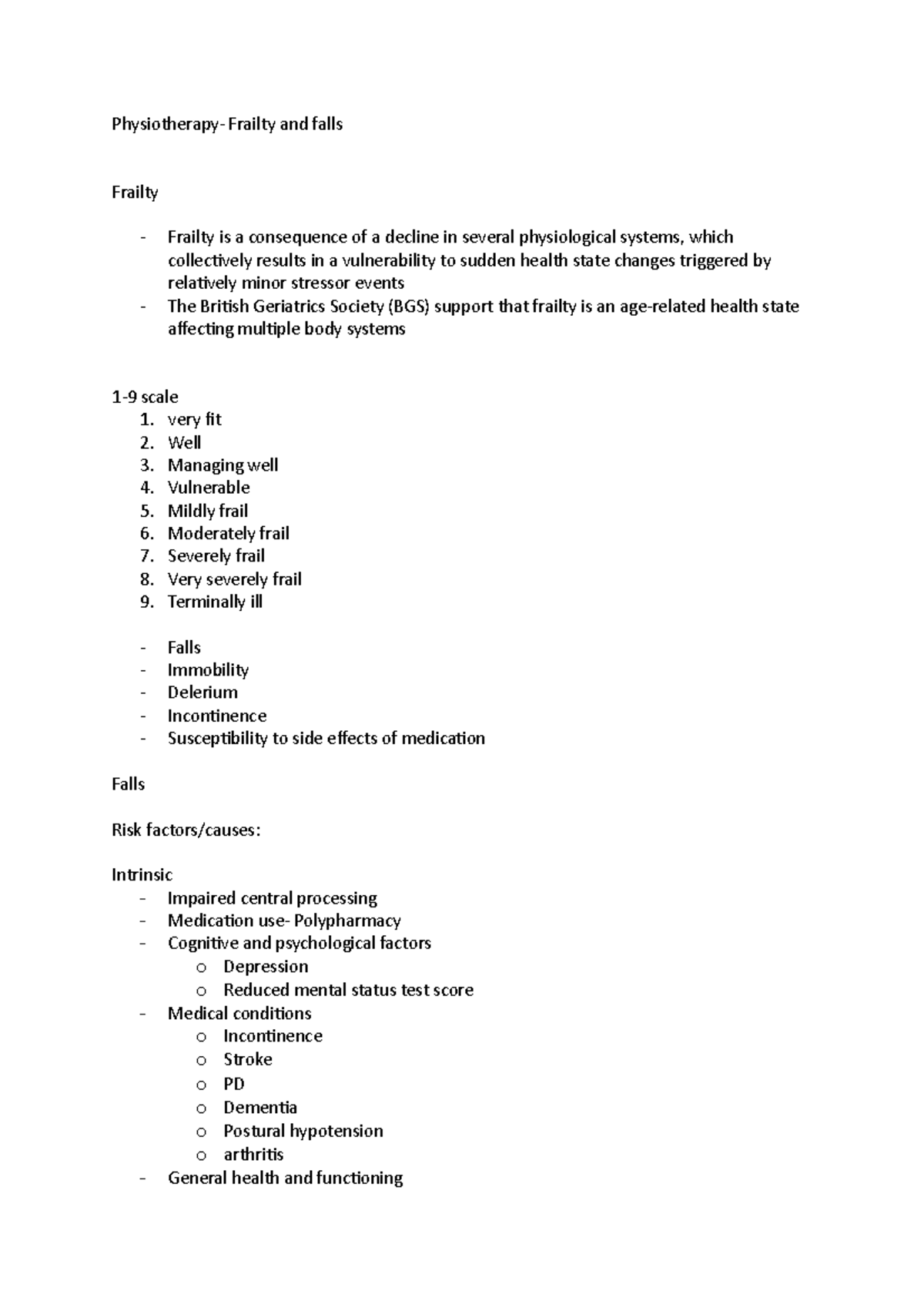Physiotherapy- Frailty and falls - Southampton - Studocu
