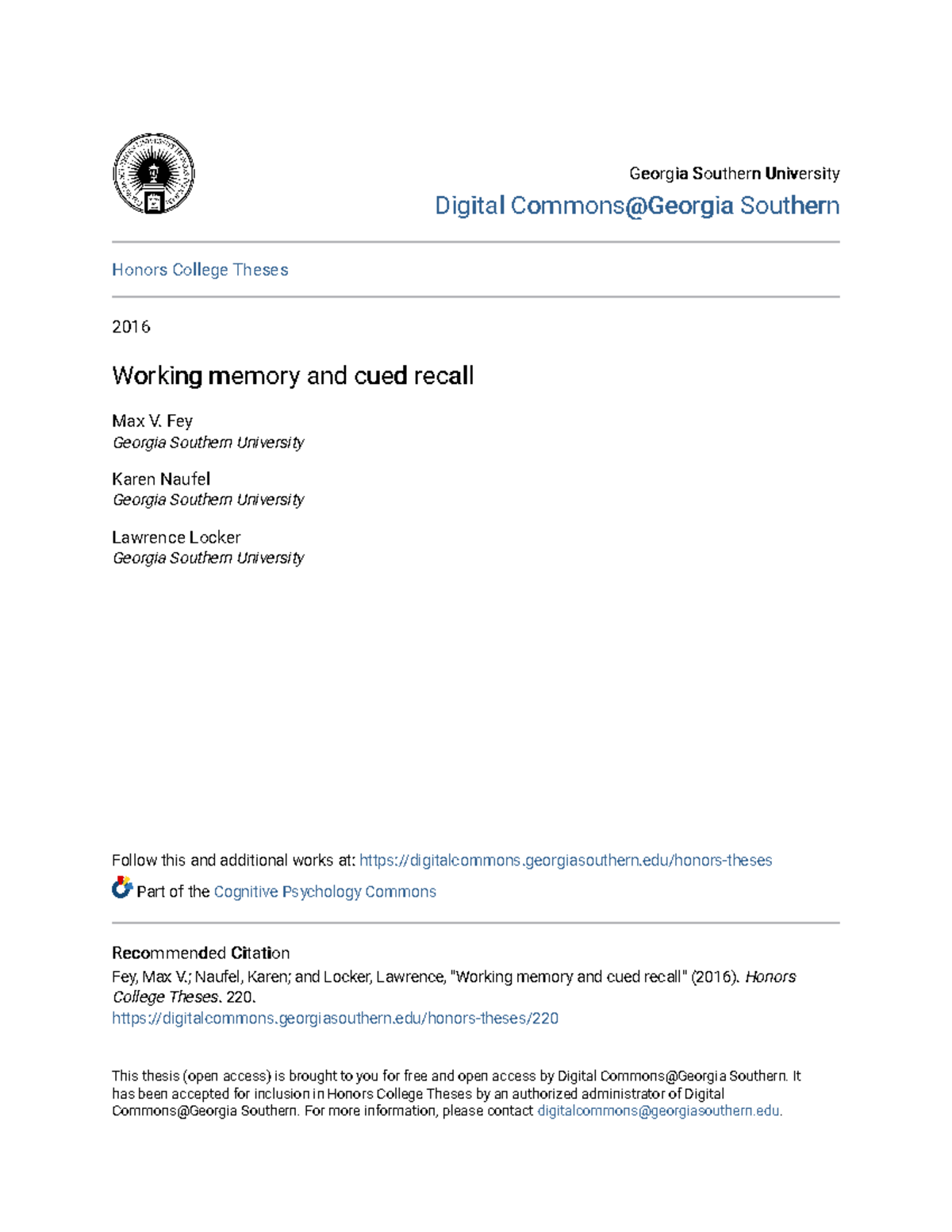 Working memory and cued recall - Fey Georgia Southern University Karen Naufel Georgia Southern ...