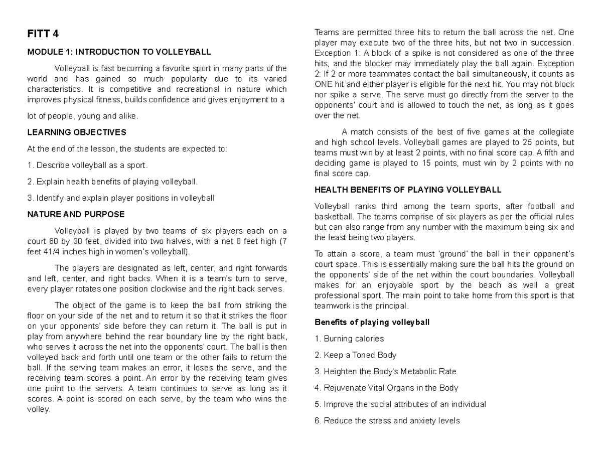 Volleyball - FITT 4 MODULE 1: INTRODUCTION TO VOLLEYBALL Volleyball is ...