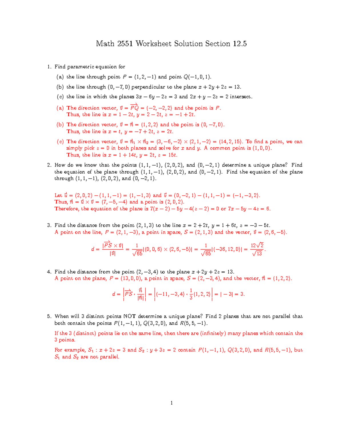 Math 2551 Worksheet sol week2 - Math 2551 Worksheet Solution Section 12. Find parametric ...