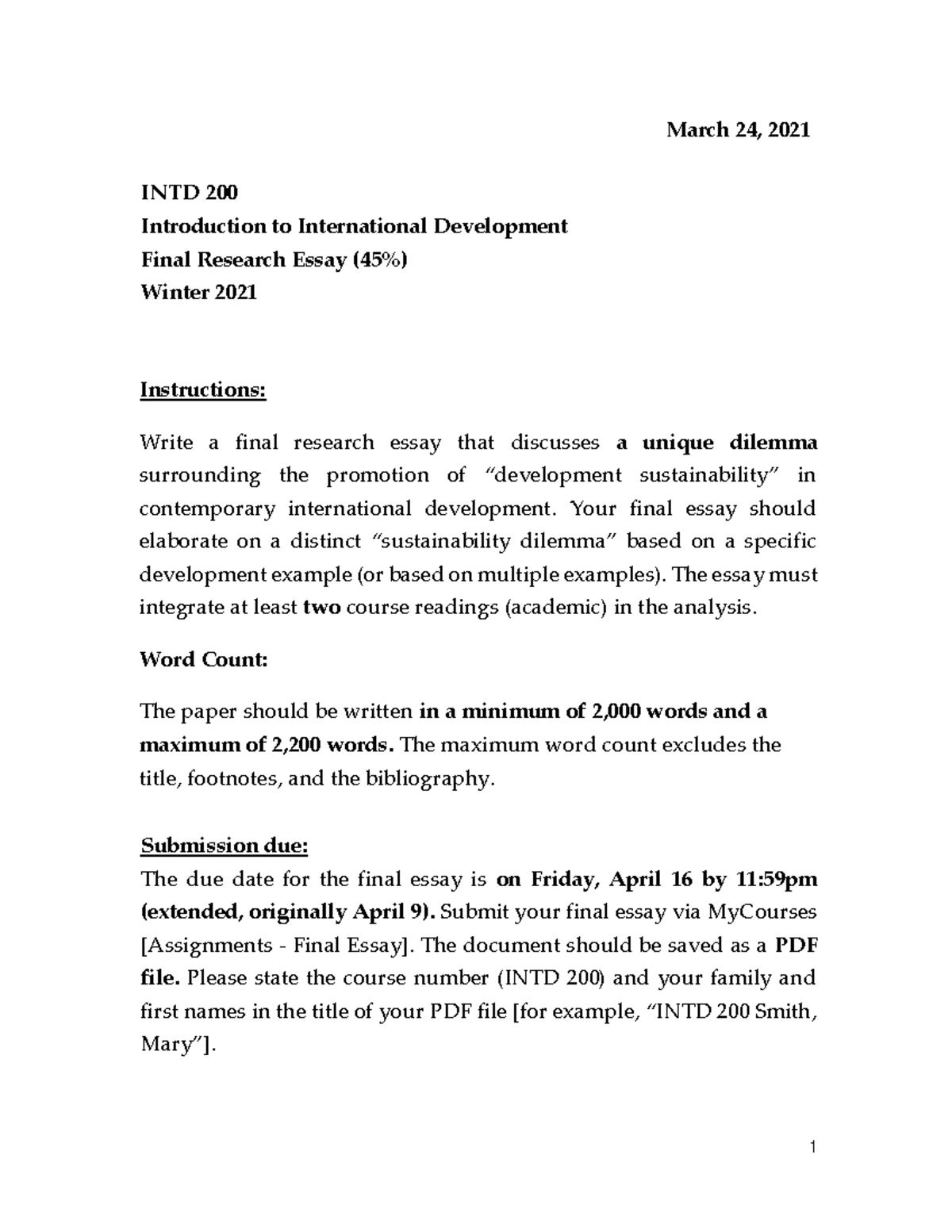 INTD final essay - March 24, 2021 INTD 200 Introduction to ...