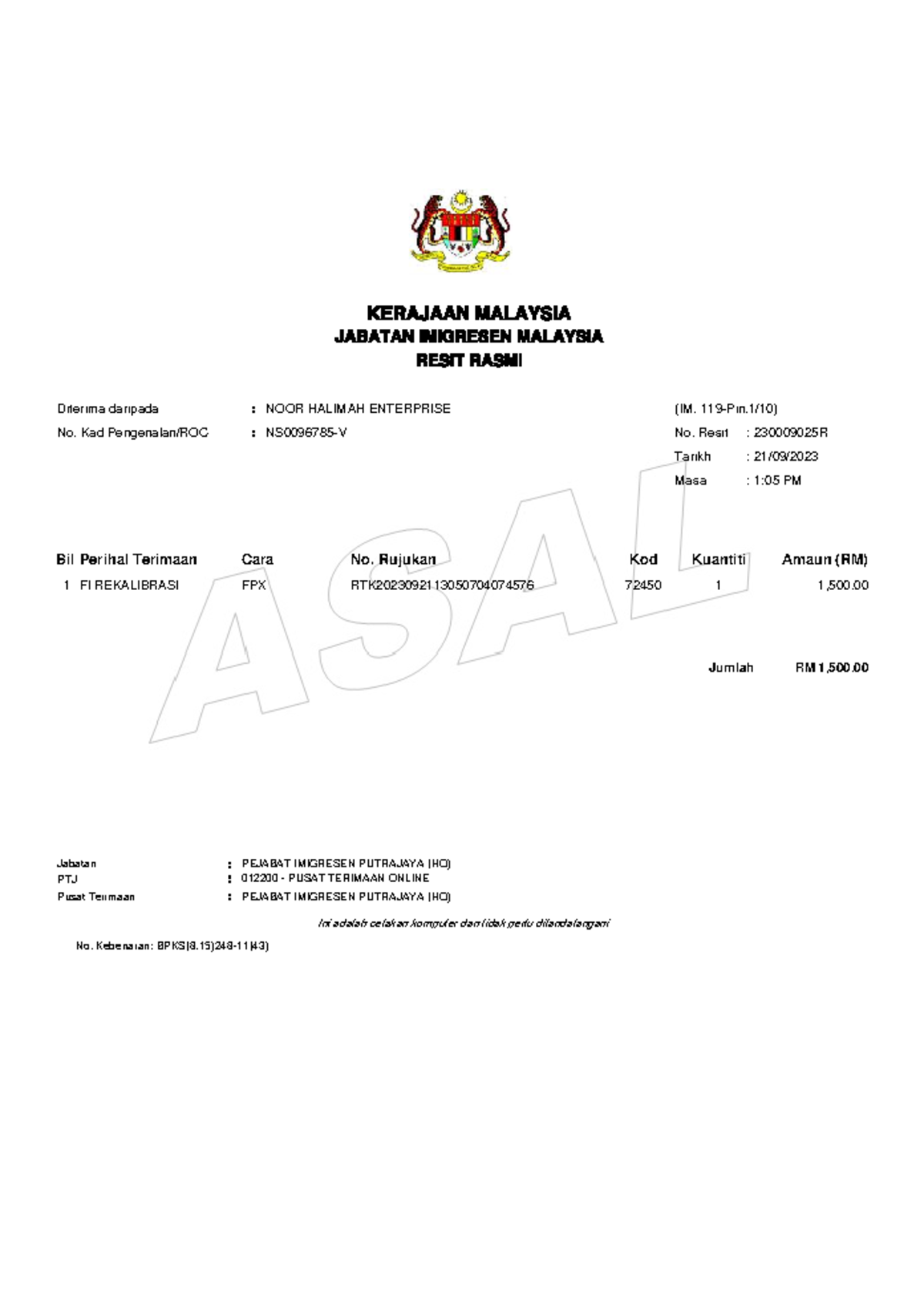 Resit Bayaran-RTKA-230009025 R - 21/09/ NOOR HALIMAH ENTERPRISE (IM. 119-Pin/10) 230009025R 1:05 ...