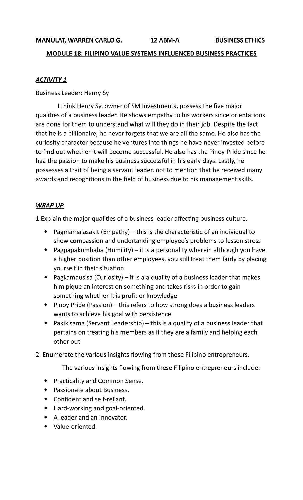 Ethics 18 business ethics part 1 grade 12 - MANULAT, WARREN CARLO G. 12 ...