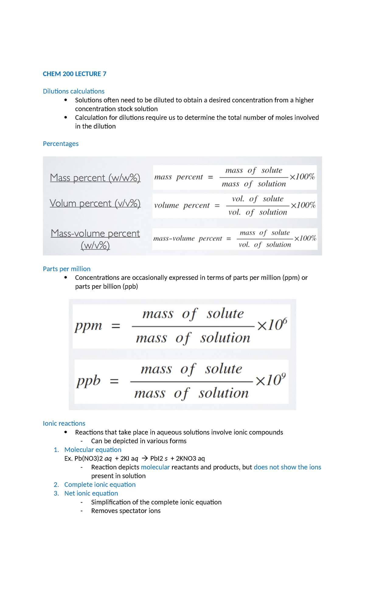 CHEM 200 Lecture 7 - n/a - CHEM 200 LECTURE 7 Dilutions calculations Solutions often need to be ...