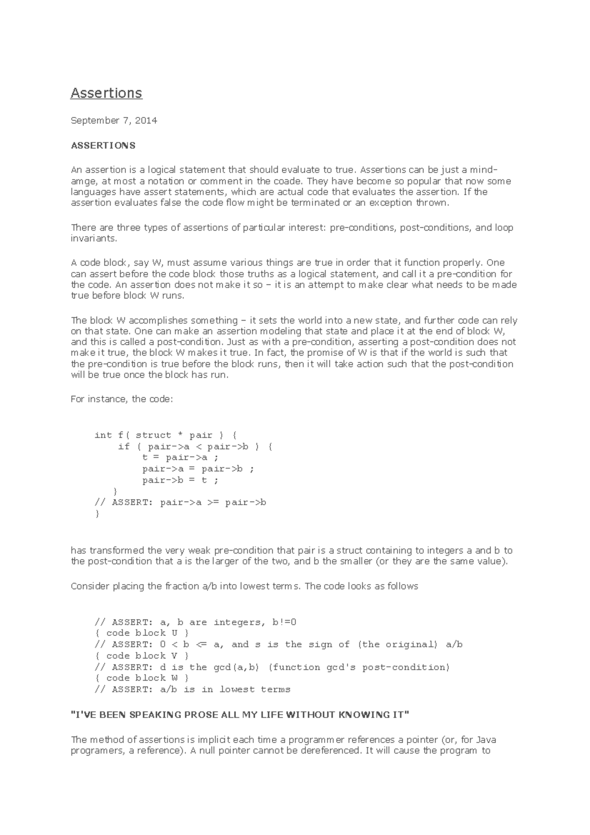 Assertions Lecture Notes Assertions September 7 2014 Assertions An Assertion Is A Logical