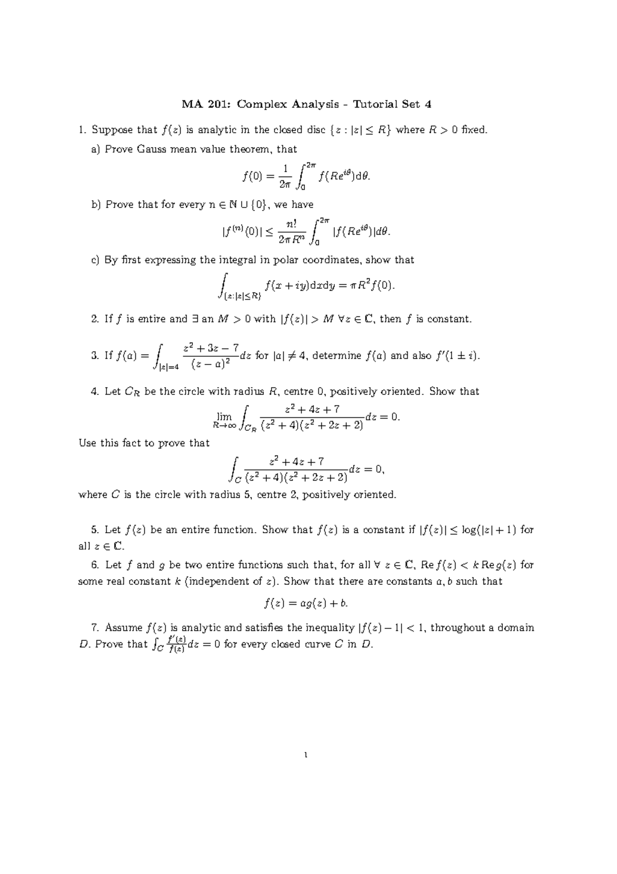 MA201 Tutorial Set4 2018 - MA 201: Complex Analysis - Tutorial Set 4 Suppose that f (z) is ...