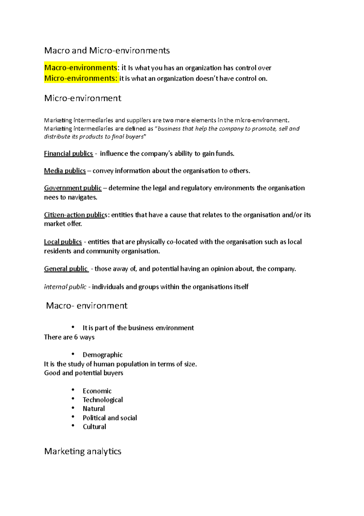 Macro and Micro notes econ 100 - Macro and Micro-environments Macro ...