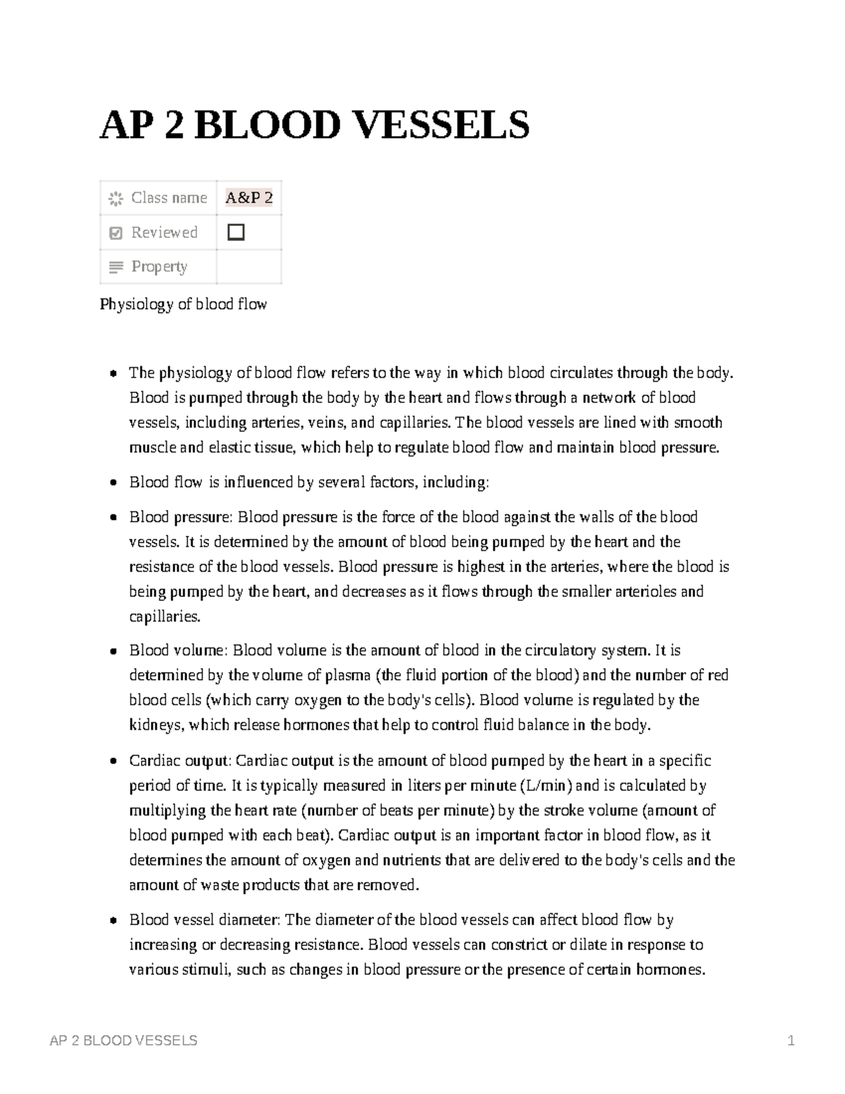 AP 2 Blood Vessels - AP 2 BLOOD VESSELS Class name A&P 2 Reviewed ...