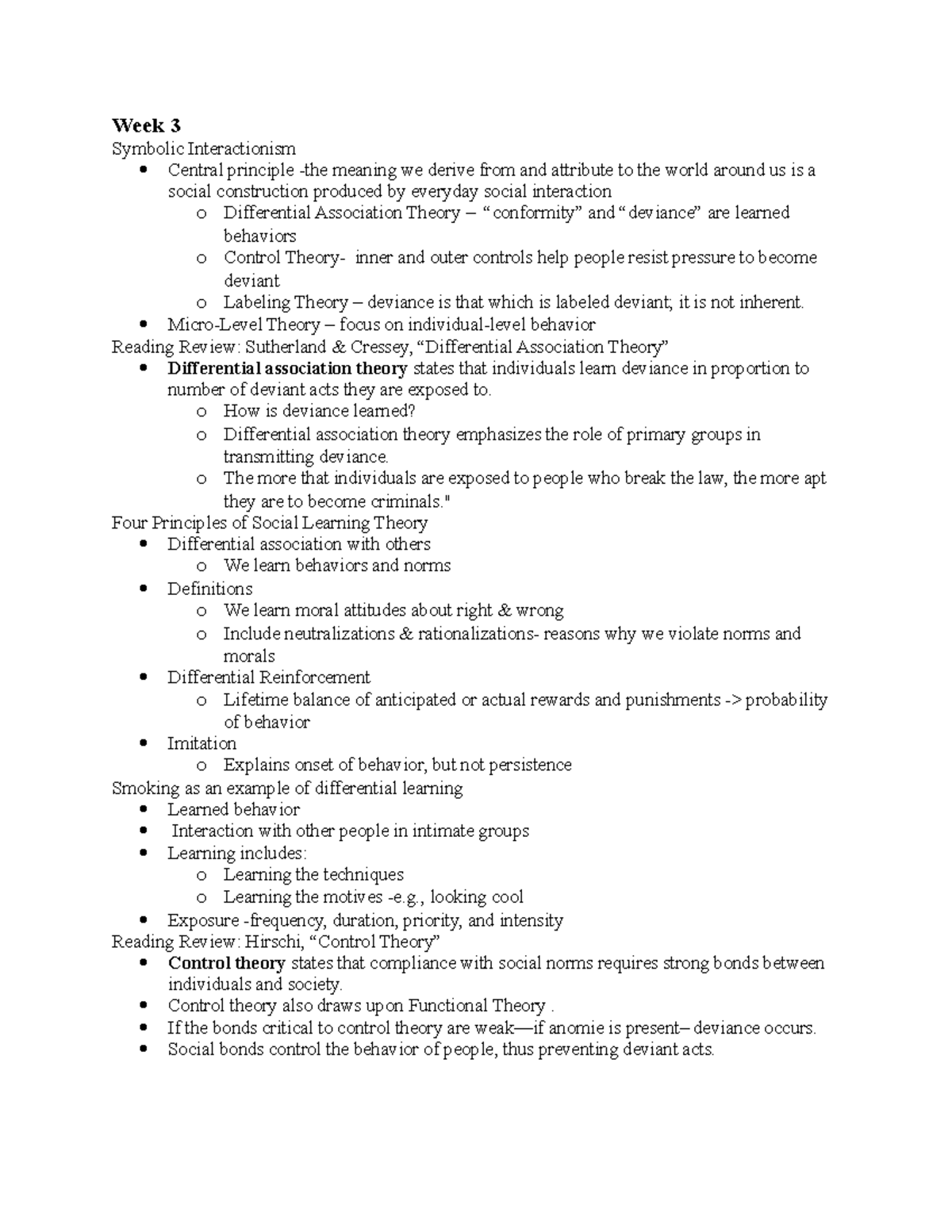 SOC343 W3 - Weissman - Week 3 Symbolic Interactionism Central principle ...