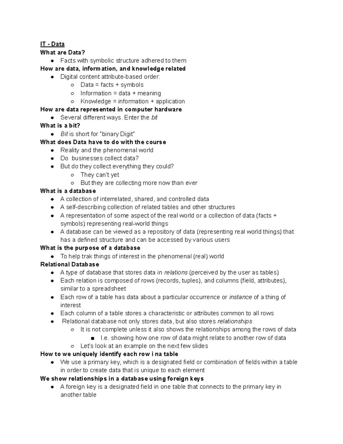 ISQS Foundations 3 Data - IT - Data What are Data? Facts with symbolic ...