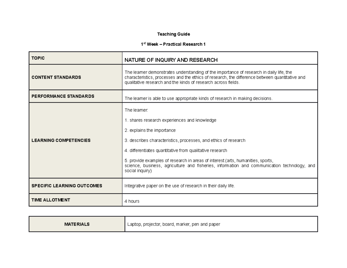 PR1 TG - This is a sample of a learning plan on practical research ...