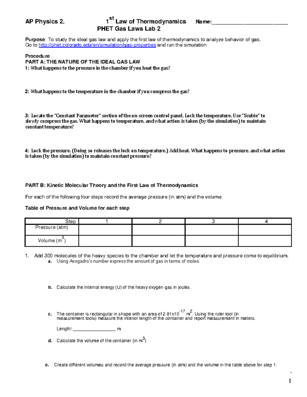 PheT Gas Law Laboratary Activity in Thermodynamics - AP Physics 2. 1 ...