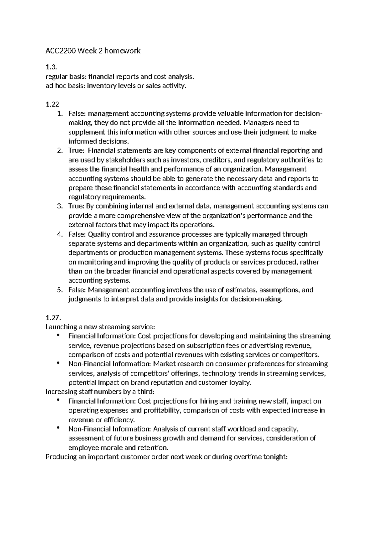 ACC2200 Week 2 homework - ACC2200 Week 2 homework 1. regular basis ...