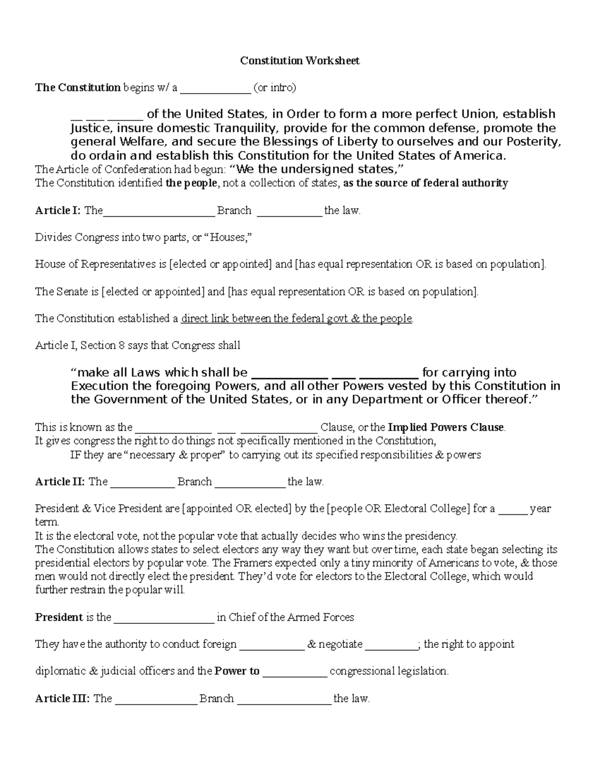 Constitution Worksheet - The Article of Confederation had begun: “We ...