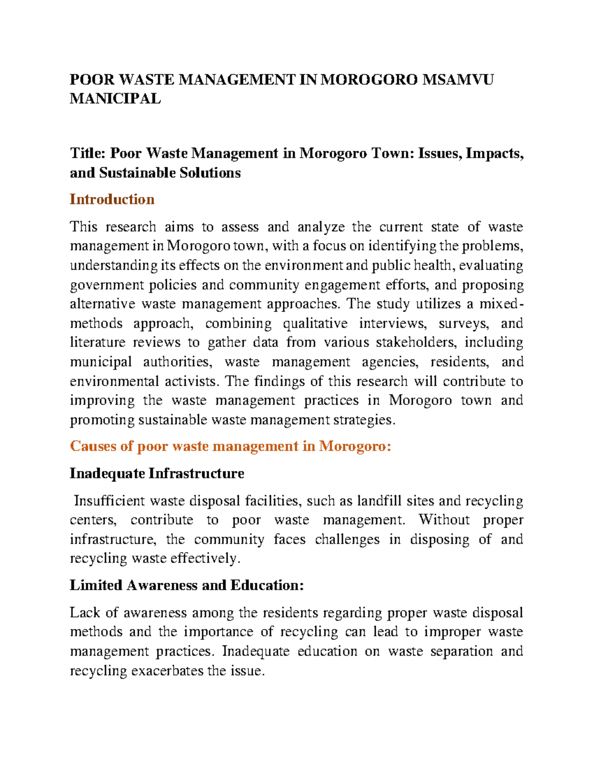 Document - POOR WASTE MANAGEMENT IN MOROGORO MSAMVU MANICIPAL Title ...