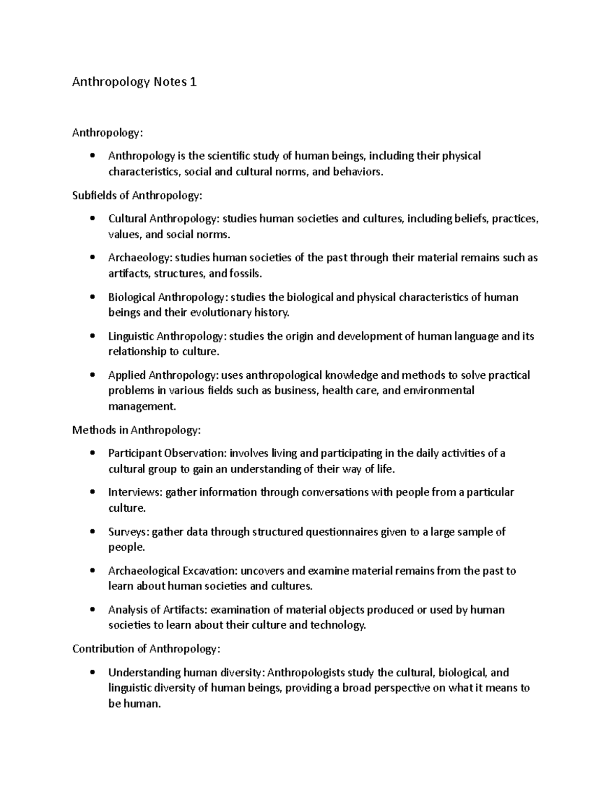 Anthropology Notes 1 - Subfields of Anthropology: Cultural Anthropology ...