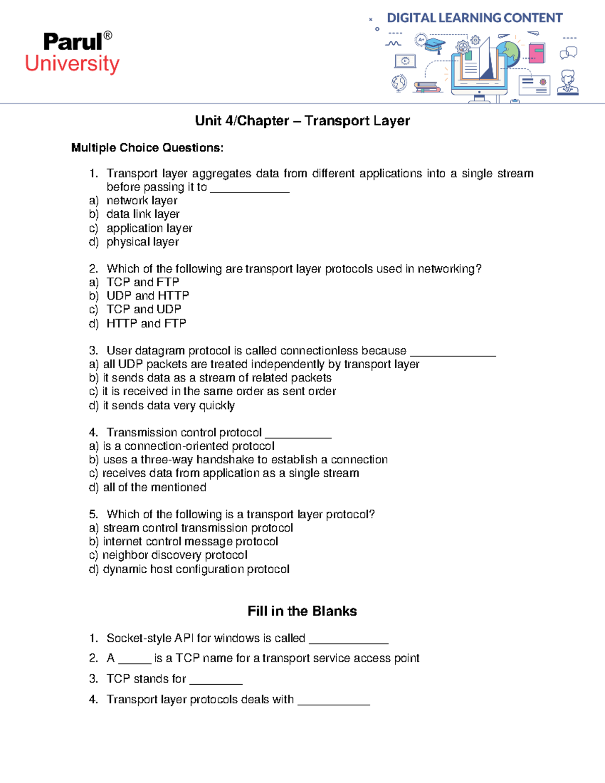 CN - Assignment 4 Questions - Unit 4/Chapter – Transport Layer Multiple Choice Questions ...