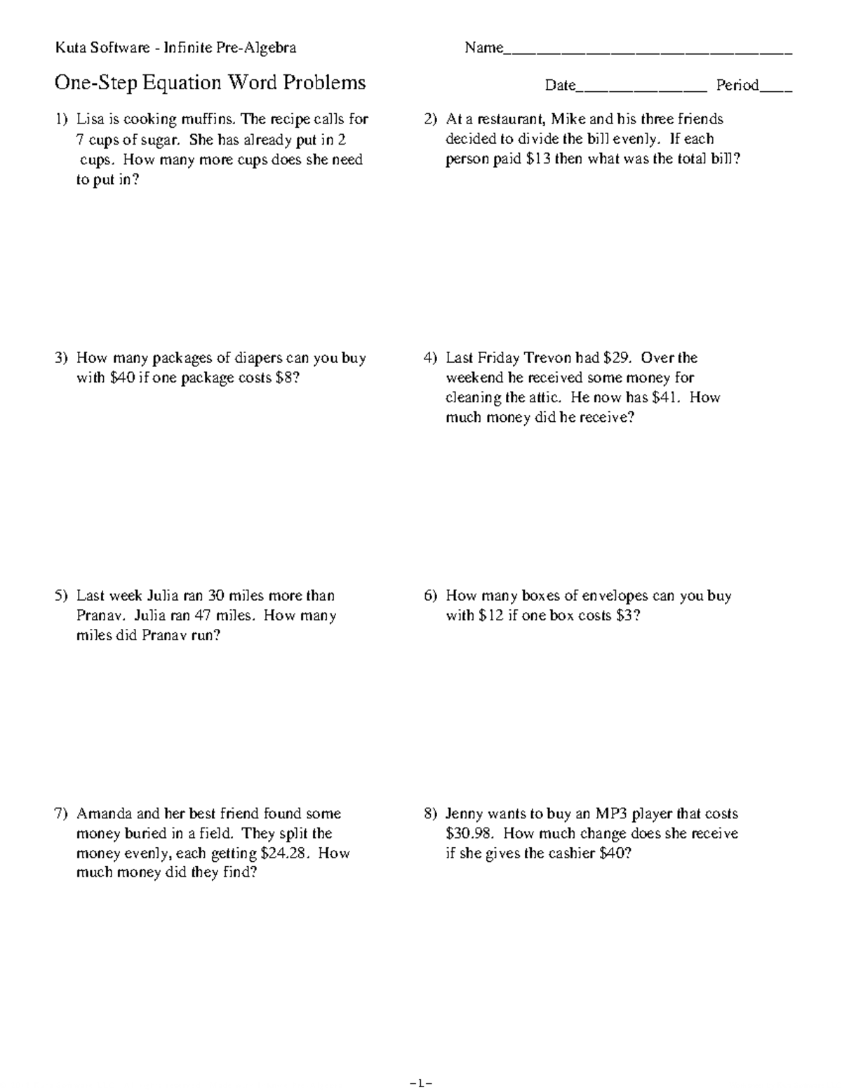 One Step Word Problems 2 7 M 2 O 0 E 122 N FKauLtOaF 6 Smolf 4