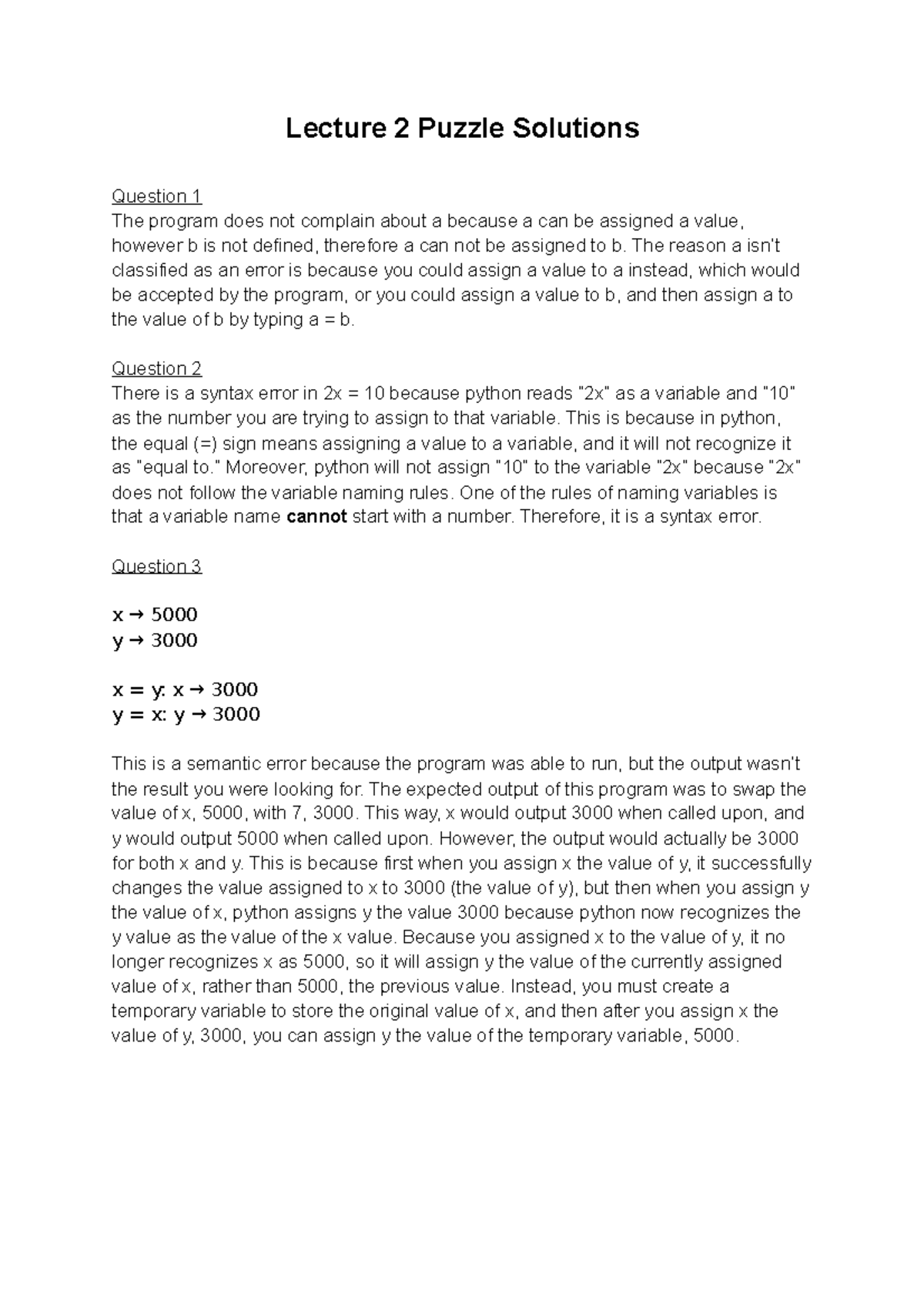 EECS 1015 Lecture 2 Puzzle Solutions - Adam Galati - Lecture 2 Puzzle Solutions Question 1 The ...