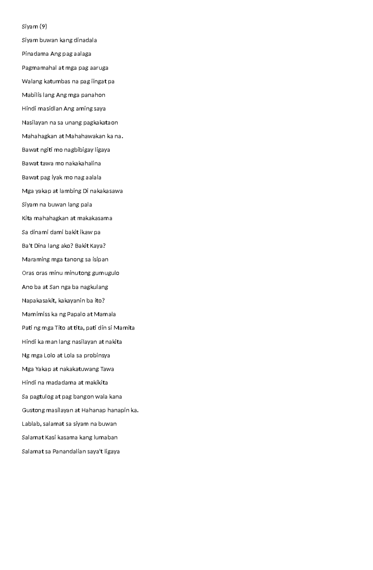 Siyam - poem for my son - Siyam (9) Siyam buwan kang dinadala Pinadama ...