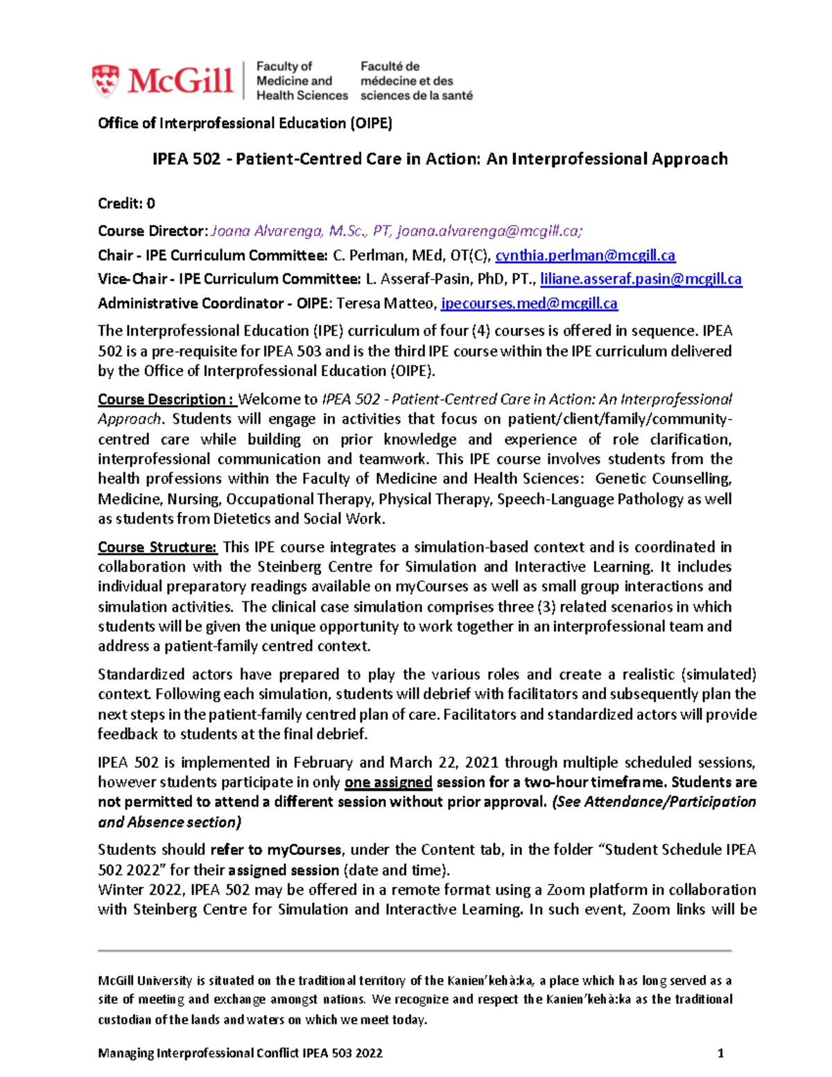 IPEA 502 - McGill University is situated on the traditional territory ...