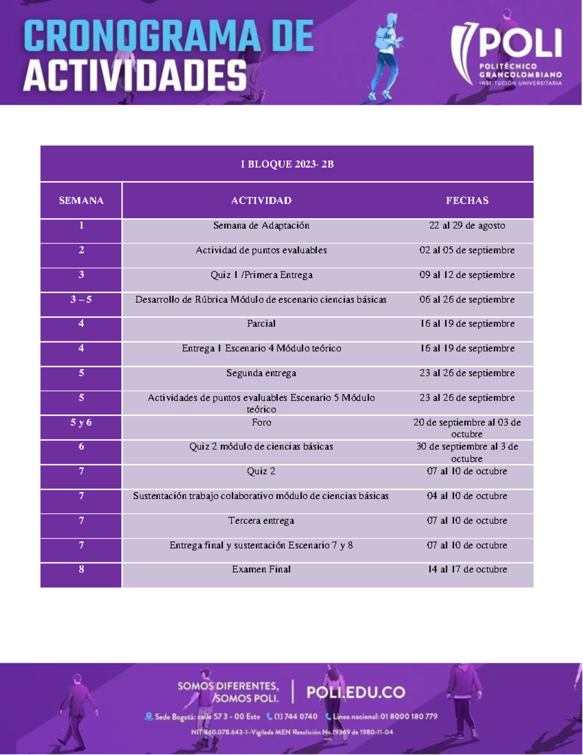 Cronograma actividades pregrado 2023-2 b - I BLOQUE 2023- 2B SEMANA ...