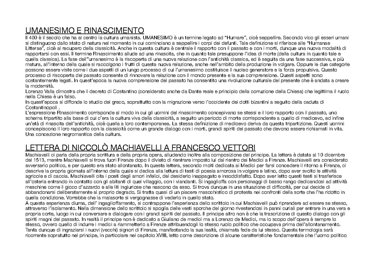 APPUNTI MACHIAVELLI-MANGINI - UMANESIMO E RINASCIMENTO Il 400 è il ...