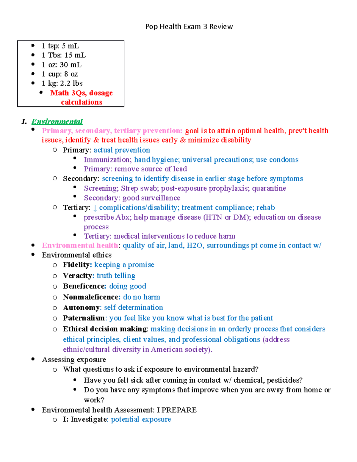 Pop E3 - study guide - Pop Health Exam 3 Review 1 tsp: 5 mL 1 Tbs: 15 ...