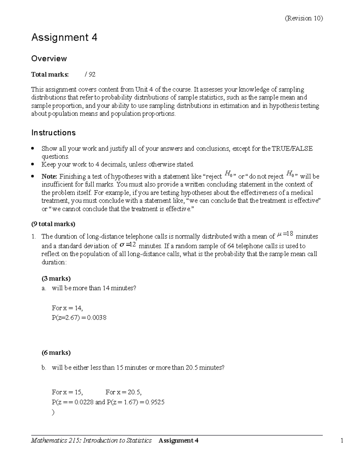 Assignment 04 - summary map - (Revision 10) Assignment 4 Overview Total marks: / 92 This ...