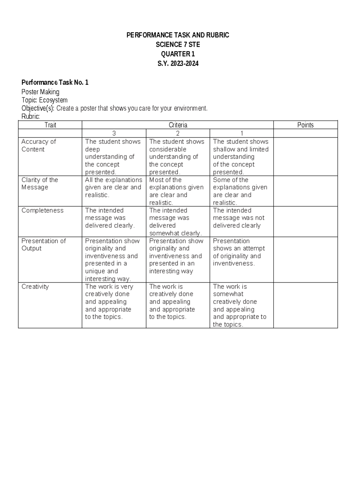 Performance TASK with rubric - PERFORMANCE TASK AND RUBRIC SCIENCE 7 ...