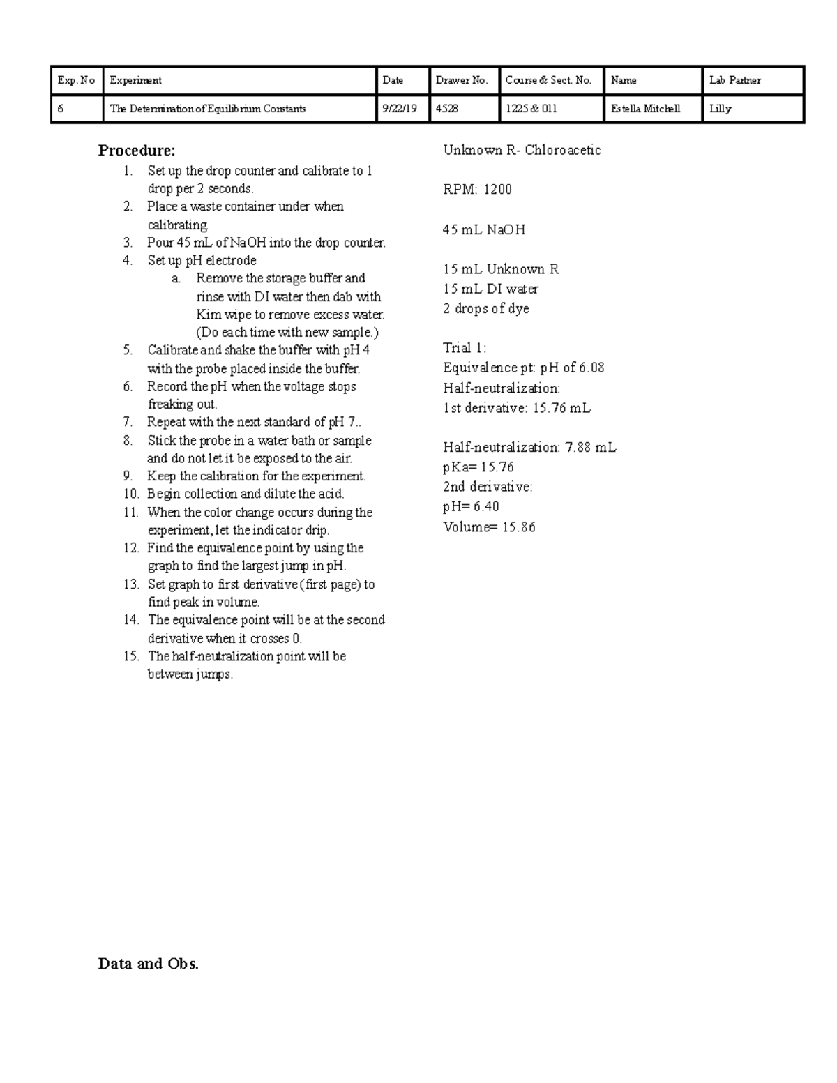 Procedure Exp. 6 - Exp. No Experiment Date Drawer No. Course & Sect. No ...