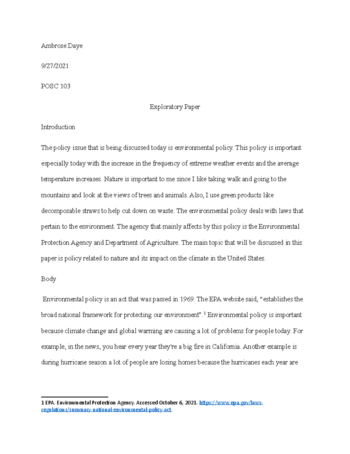 Ambrose Daye Explor. Essay - Ambrose Daye 9/27/ POSC 103 Exploratory ...