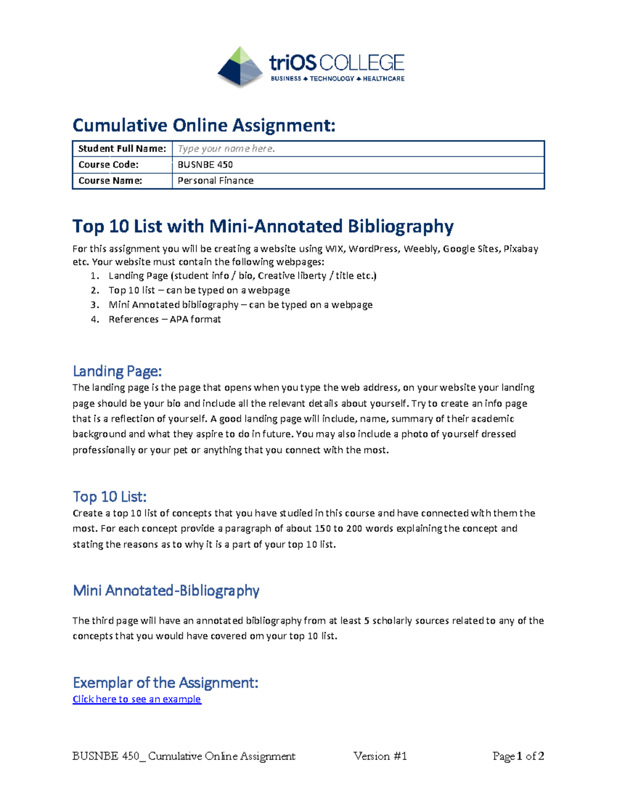 Cumulative project - BUSNBE 450_ Cumulative Online Assignment Version # 1 Page 1 of 2 Cumulative ...